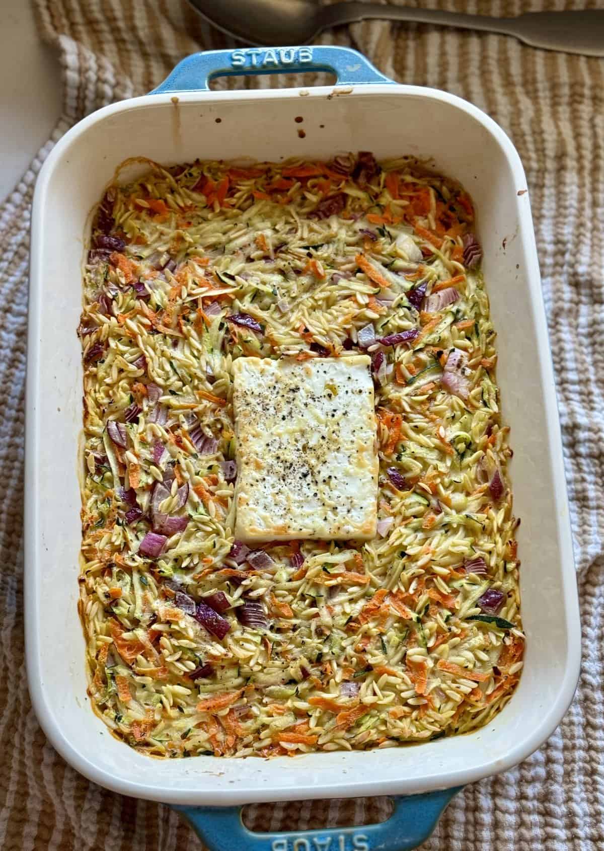 One Pan Baked Feta Veggie Orzo - Hungry Happens