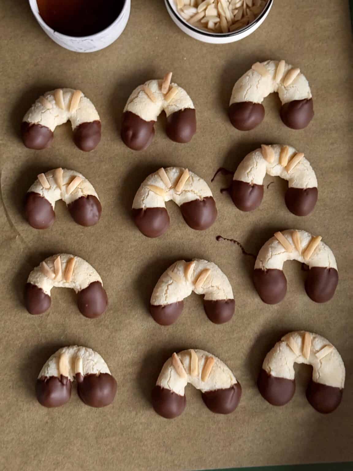 Easy Chocolate Dipped Almond Horn Cookies (5 Ingredients) - Hungry Happens