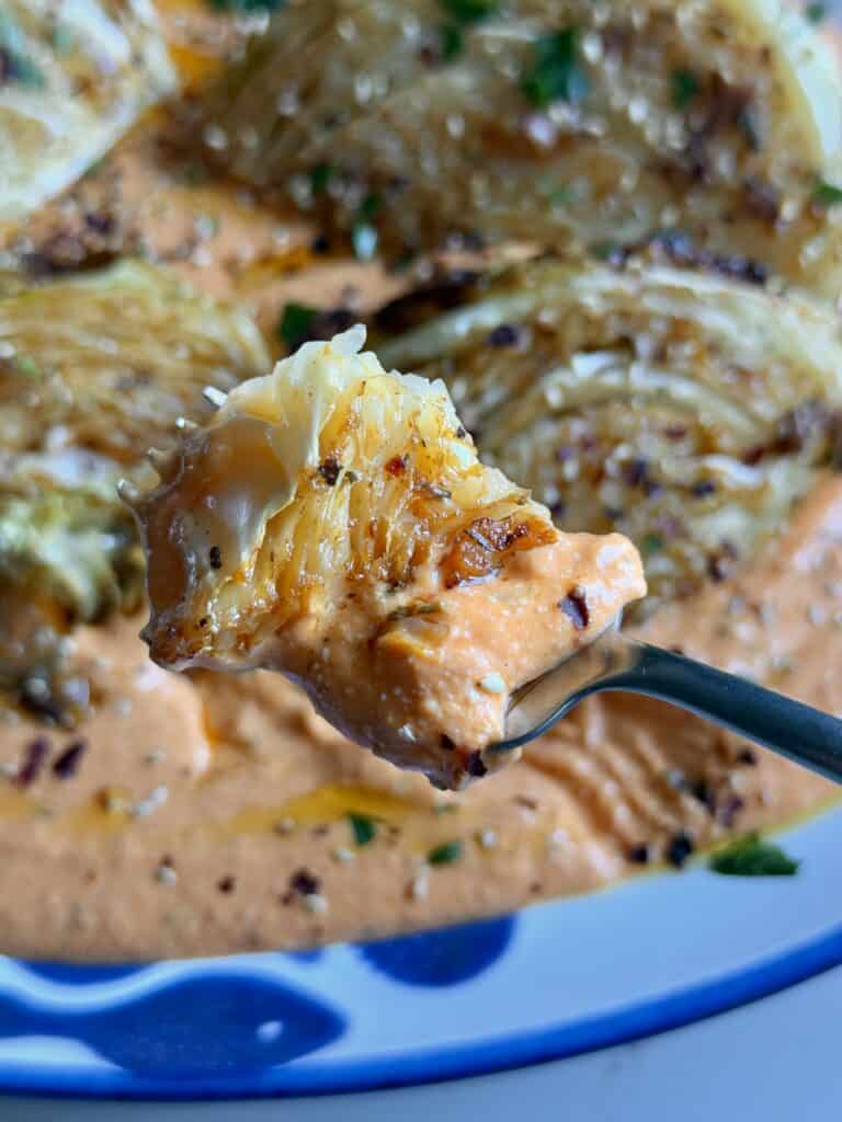 Roasted Cabbage Wedges over Tirokafteri (Spicy Feta Dip) - Hungry Happens