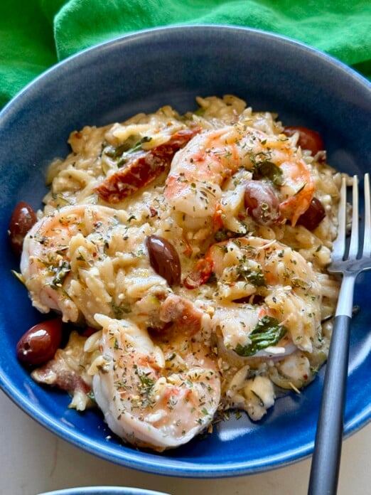 One Pan Mediterranean Shrimp Orzo Bake - Hungry Happens