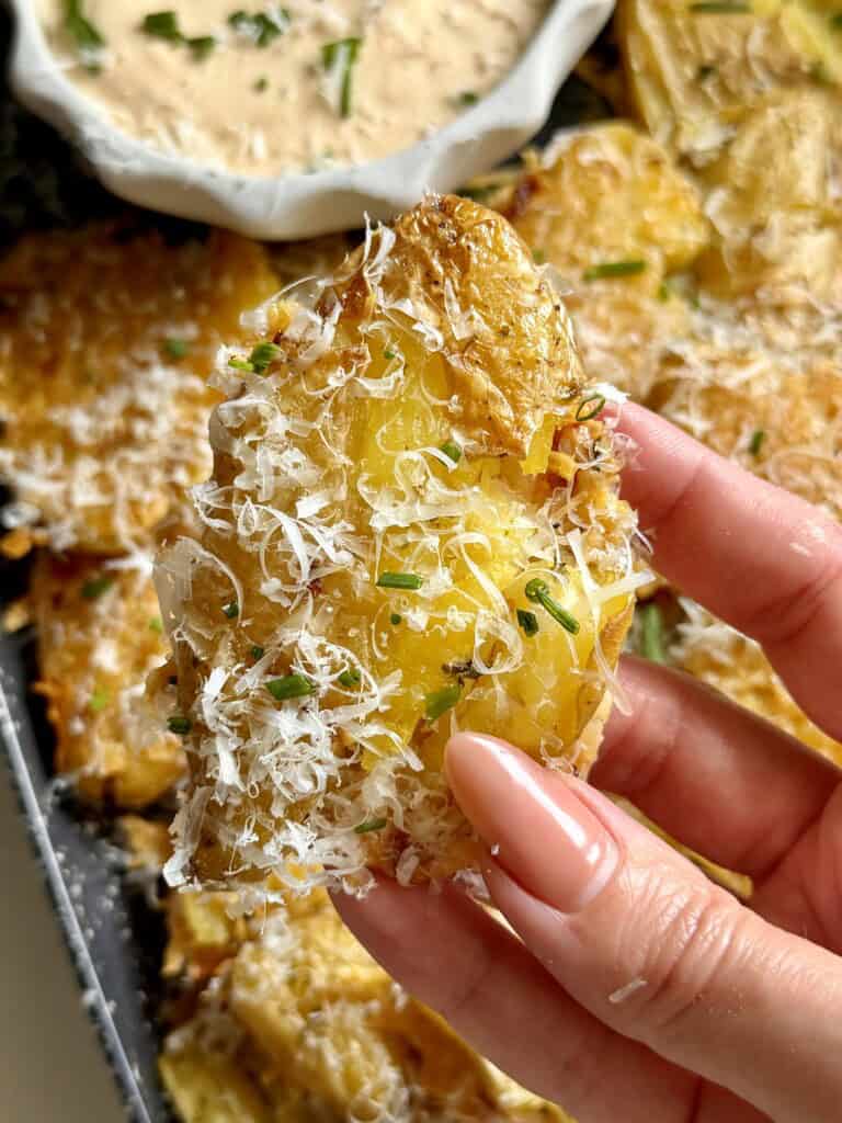 Garlic Parmesan Smashed Fingerling Potatoes with Garlic Aioli Dip ...