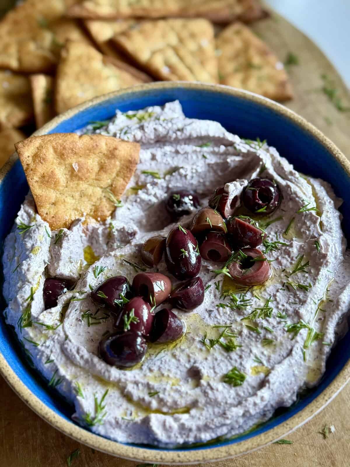 Kalamata Olive Dip with Homemade Pita Chips - Hungry Happens