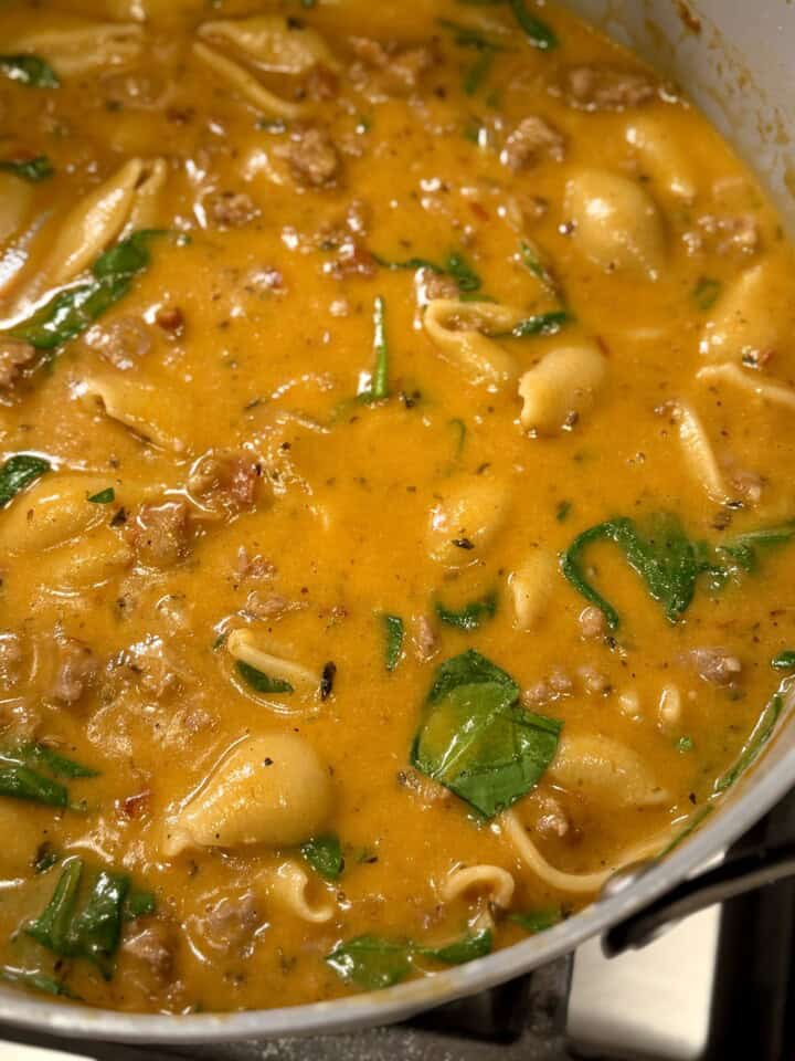 One Pot Stuffed Shells + Sausage Soup - Hungry Happens