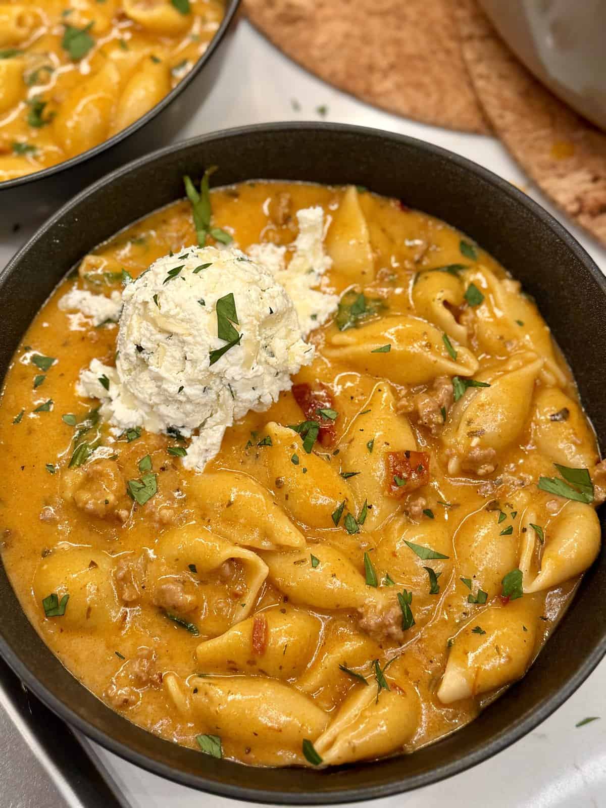 One Pot Stuffed Shells + Sausage Soup - Hungry Happens