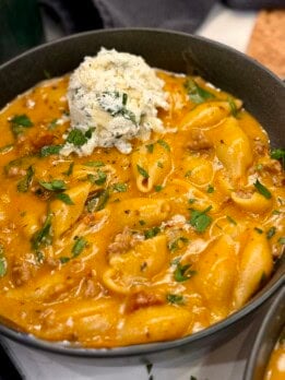 One Pot Stuffed Shells + Sausage Soup - Hungry Happens