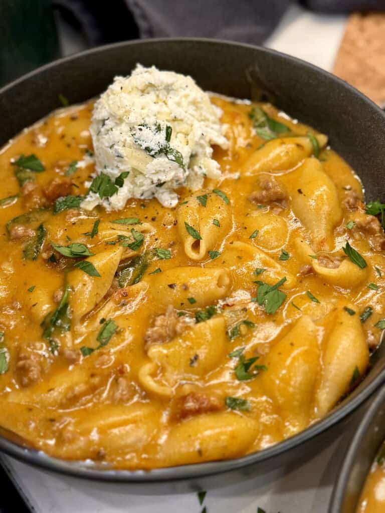 One Pot Stuffed Shells + Sausage Soup - Hungry Happens